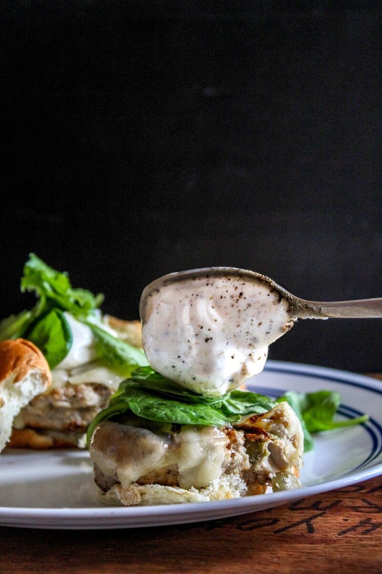 Ground Chicken Burger with Green Olives and Black Pepper Mayo