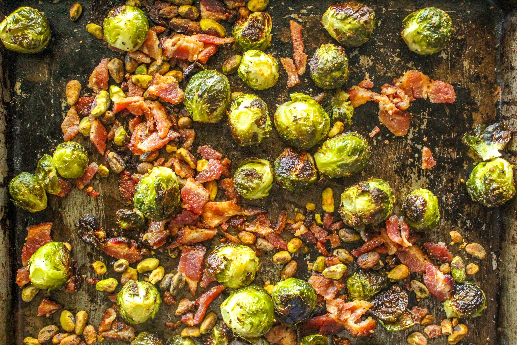 Sheet Pan Brussels Sprouts with Bacon and Pistachios