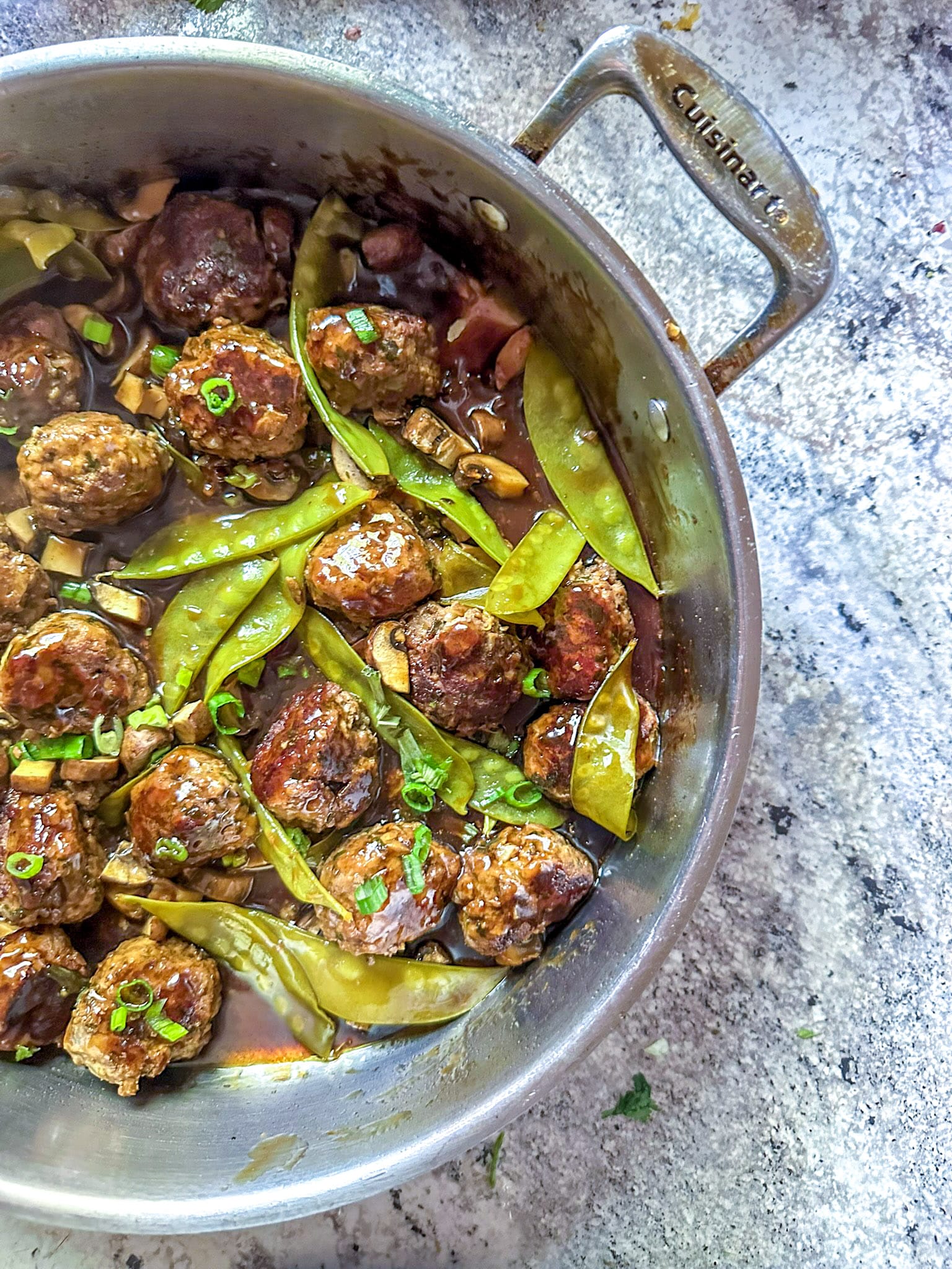 Sticky Soy Pork Meatballs with Mushrooms and Snow Peas